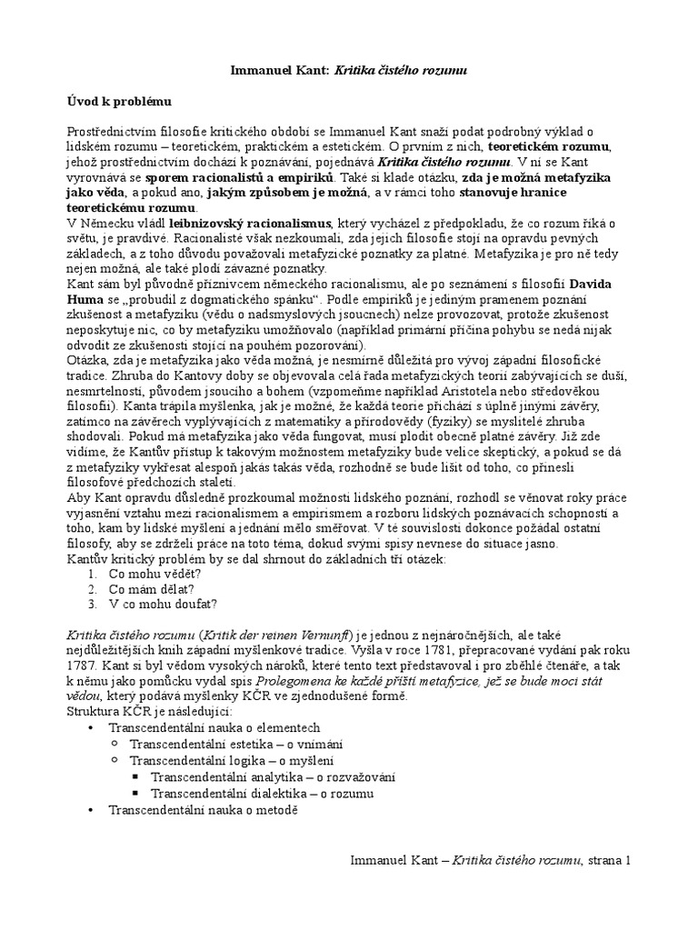 Immanuel Kant - Kritika Čistého Rozumu (Výpisky) | PDF