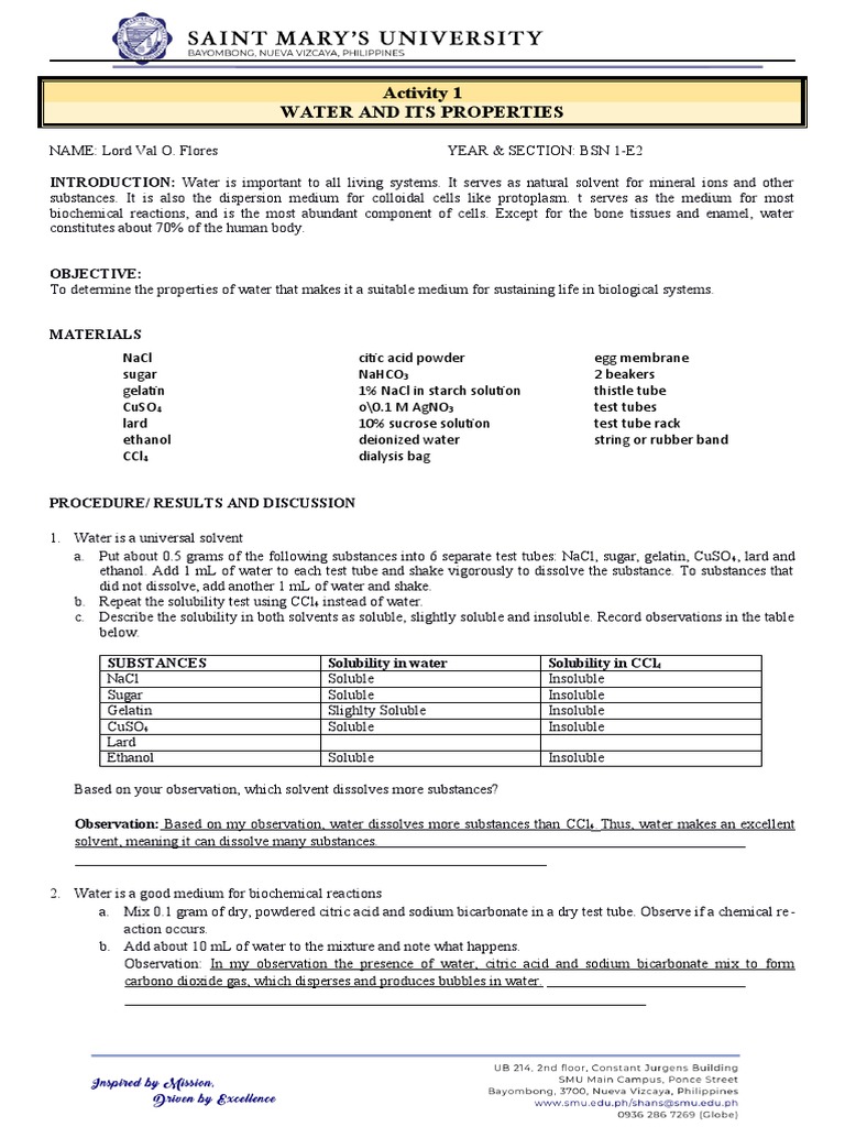 Laboratory Experiment 1 Water and Its Properties | PDF | Osmosis | Water