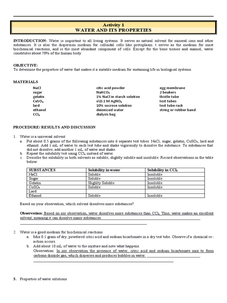 Laboratory Experiment 1 Water and Its Properties | PDF | Osmosis ...