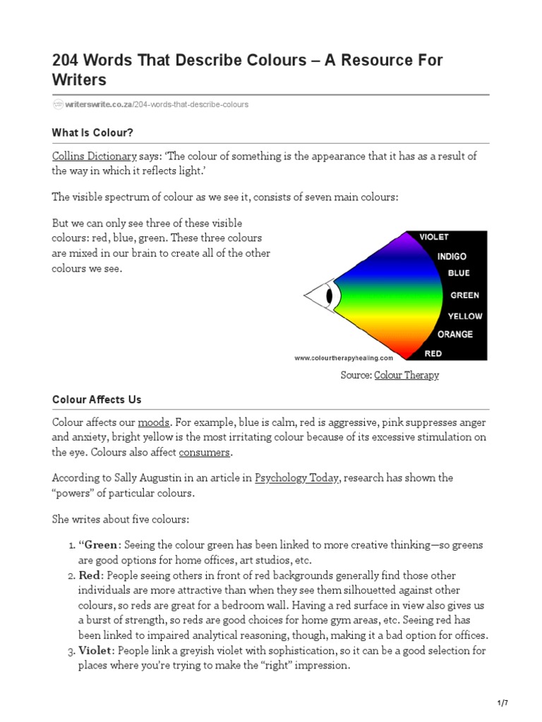 204 Words That Describe Colours - A Resource For Writers: What Is ...