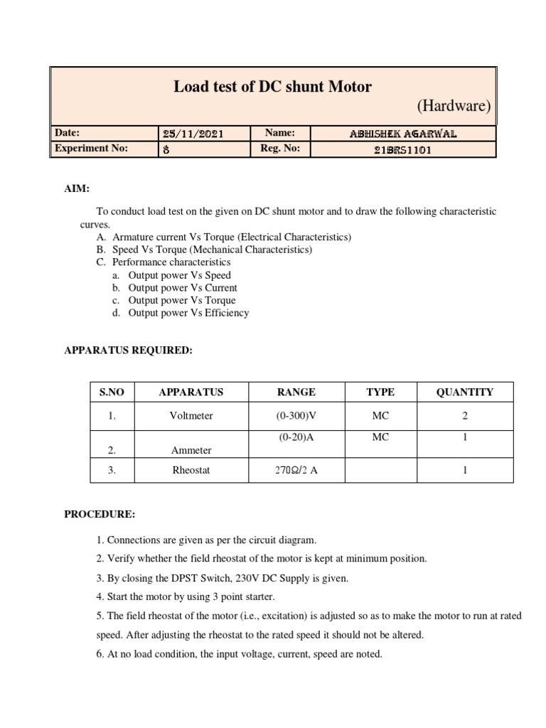 Load Test of DC Shunt Motor: (Hardware) | PDF | Electric Motor | Metrology