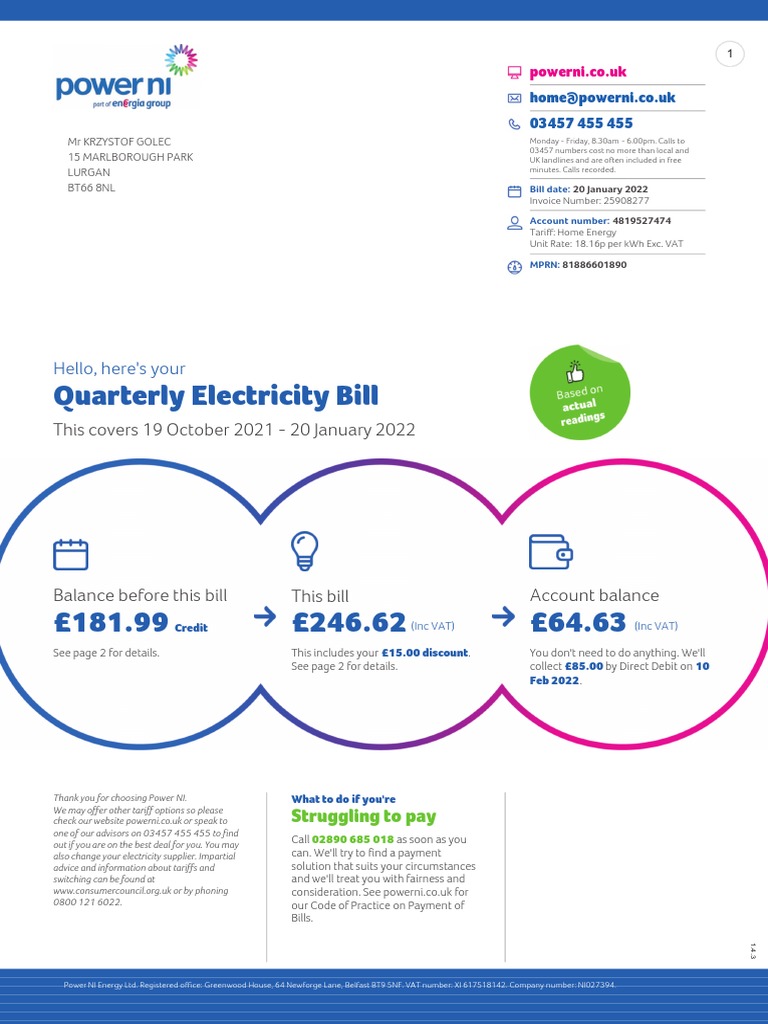 Quarterly Electricity Bill: Hello, Here's Your | PDF | Debits And ...