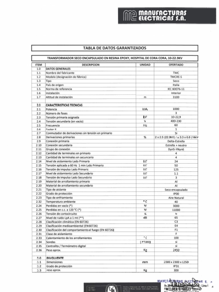 Fichas Transformador Seco TMC, Cora Cora | PDF