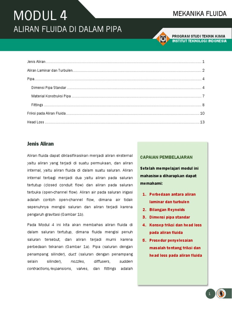 Modul 4 - MekFlu - Aliran Fluida Di Dalam Pipa - 300321 | PDF