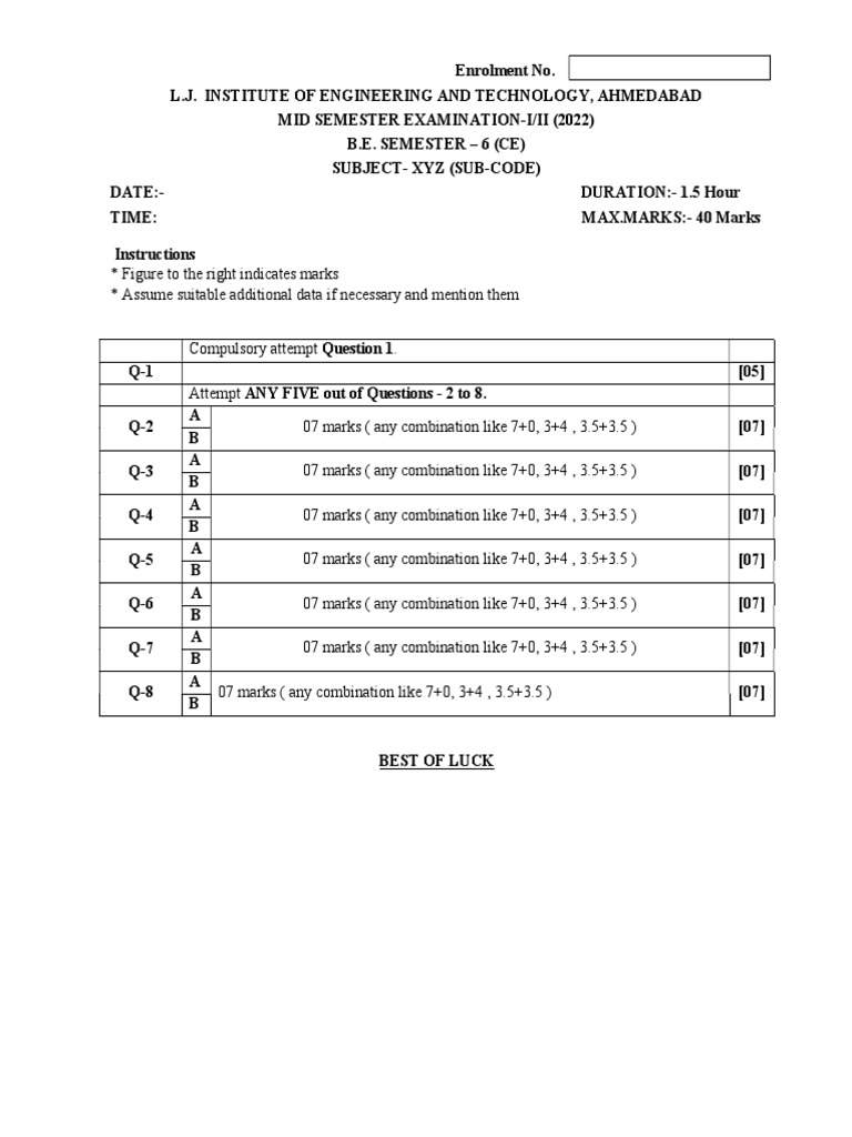Format - SEM 6 - Question Paper - MSE-1 - 2022 | PDF