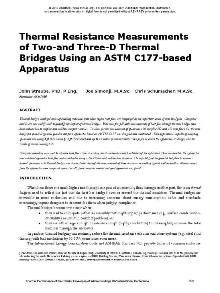 Thermal Resistance Measurements of Two-And Three-D Thermal Bridges Using An ASTM C177-Based ...