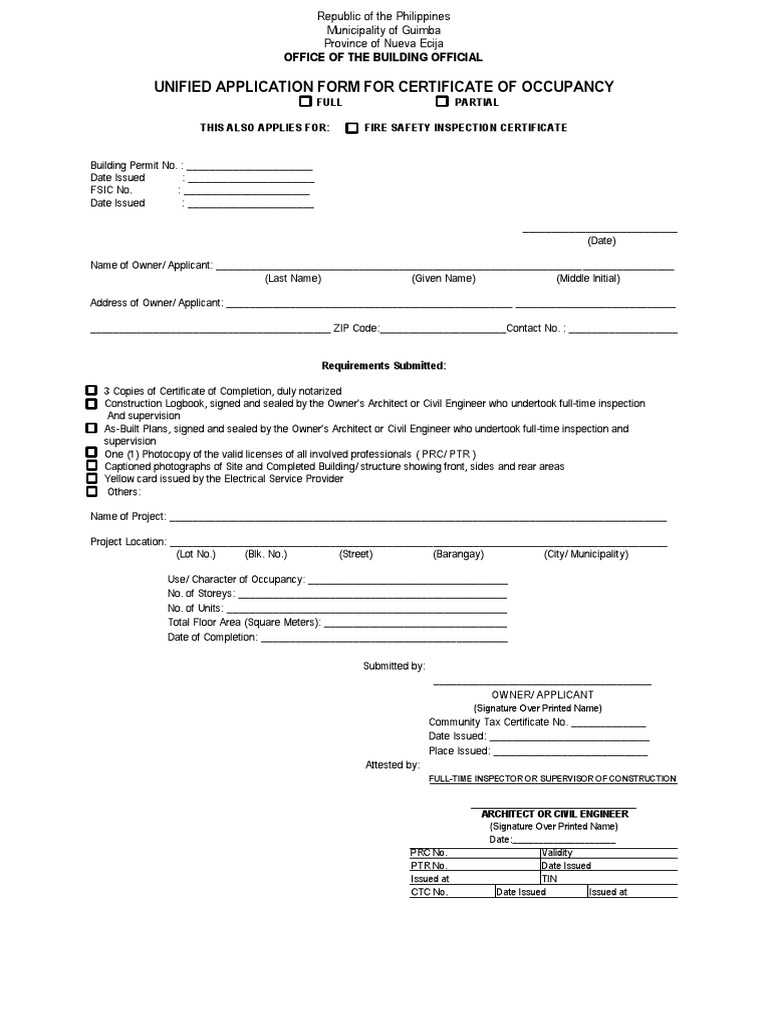 Unified Application for Occupancy Permit | PDF