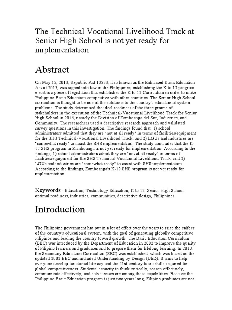 The Technical Vocational Livelihood Track at Senior High School Is Not ...