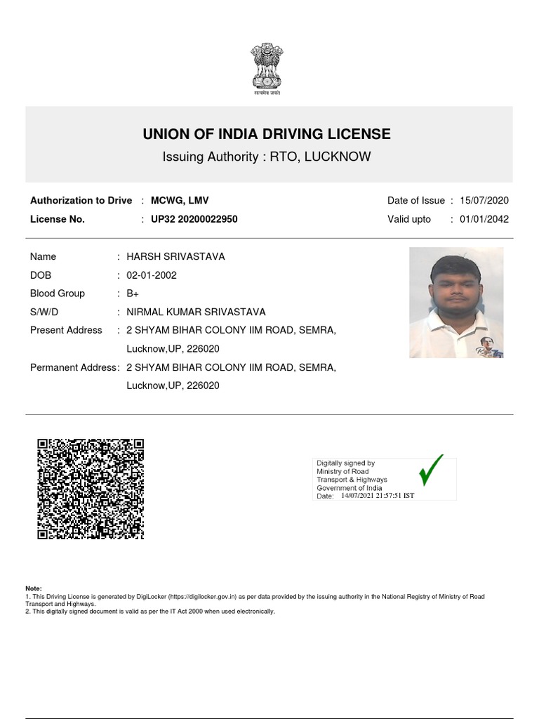 Union of India Driving License: Issuing Authority: RTO, LUCKNOW | PDF