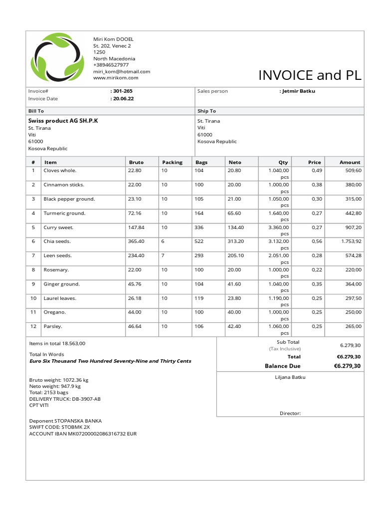 Invoice and PL: Swiss Product AG SH.P.K | Download Free PDF | Medicinal ...