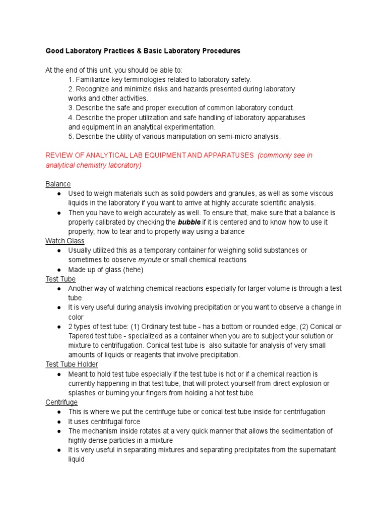 Good Laboratory Practices & Basic Laboratory Procedures | PDF ...