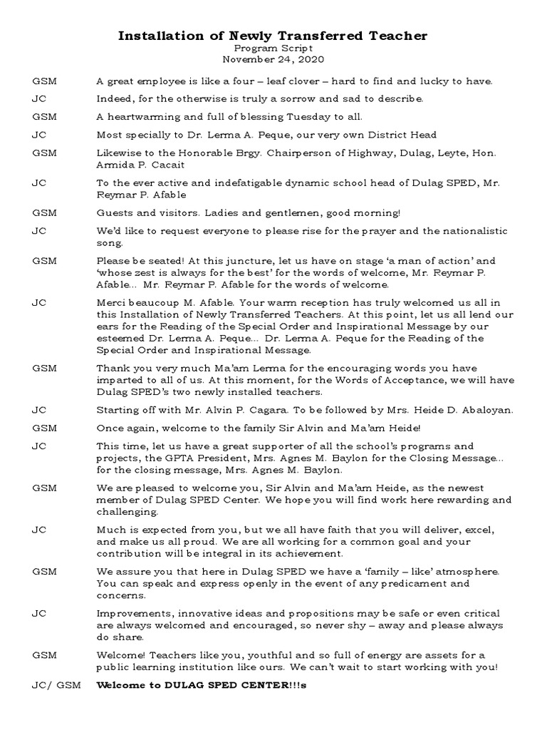 Program Script For Installation of Newly Transferred Teacher | PDF