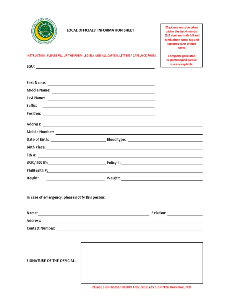 Local Officials' Information Sheet: Instruction: Please Fill Up The ...