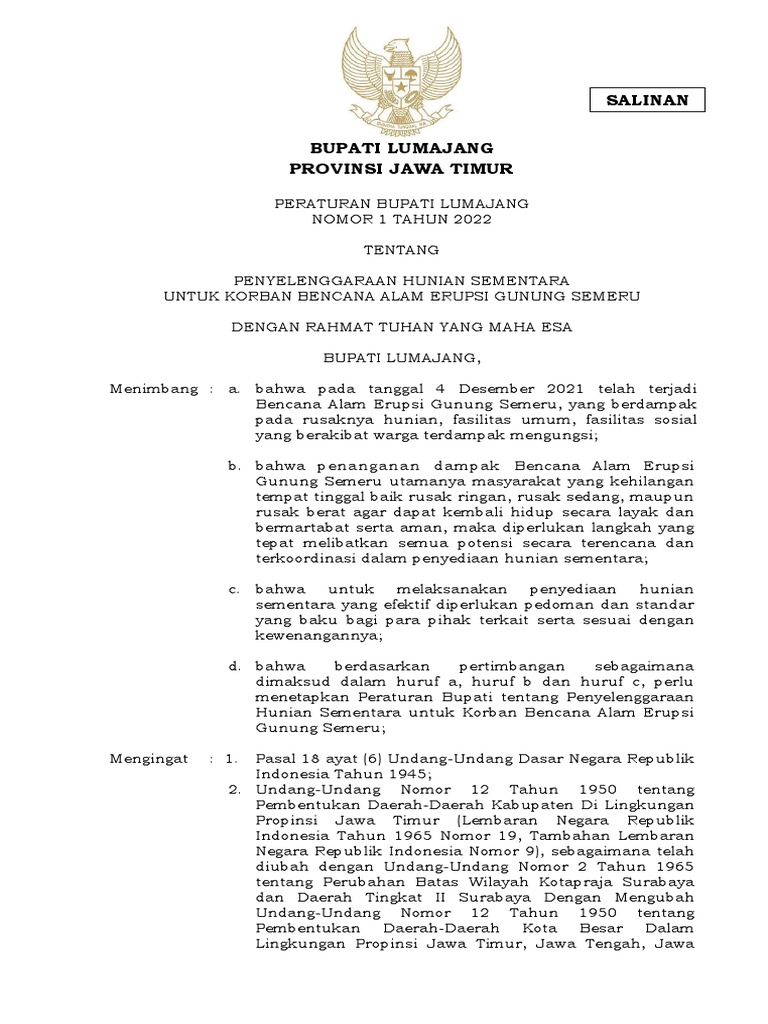 Perbup No 1 2022 Tentang Penyelenggaraan Hunian Sementara Untuk Korban Bencana Alam Erupsi ...