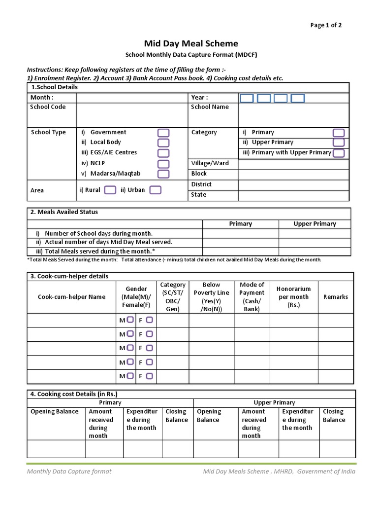 Mid Day Meal Scheme: School Monthly Data Capture Format (MDCF) | PDF | Economies