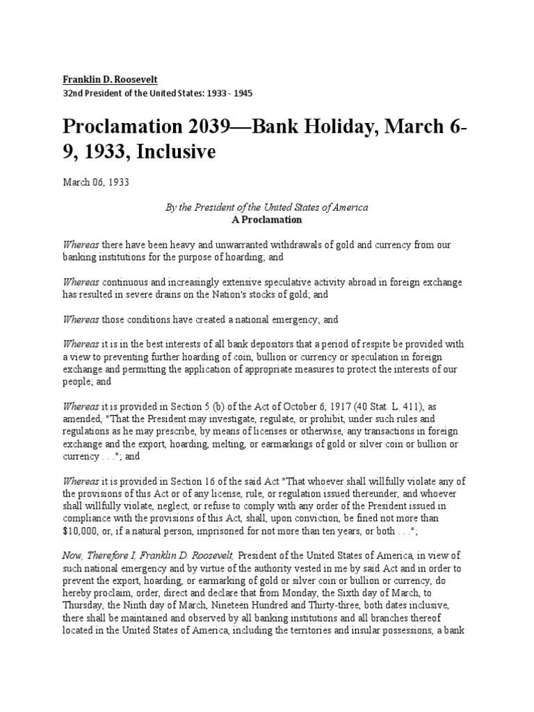 Proclamation 2039-Bank Holiday, March 6-9, 1933, Inclusive | PDF ...