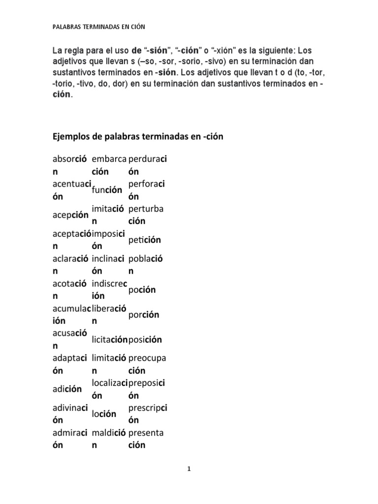 Palabras Terminadas en - Ción, - Sión | PDF
