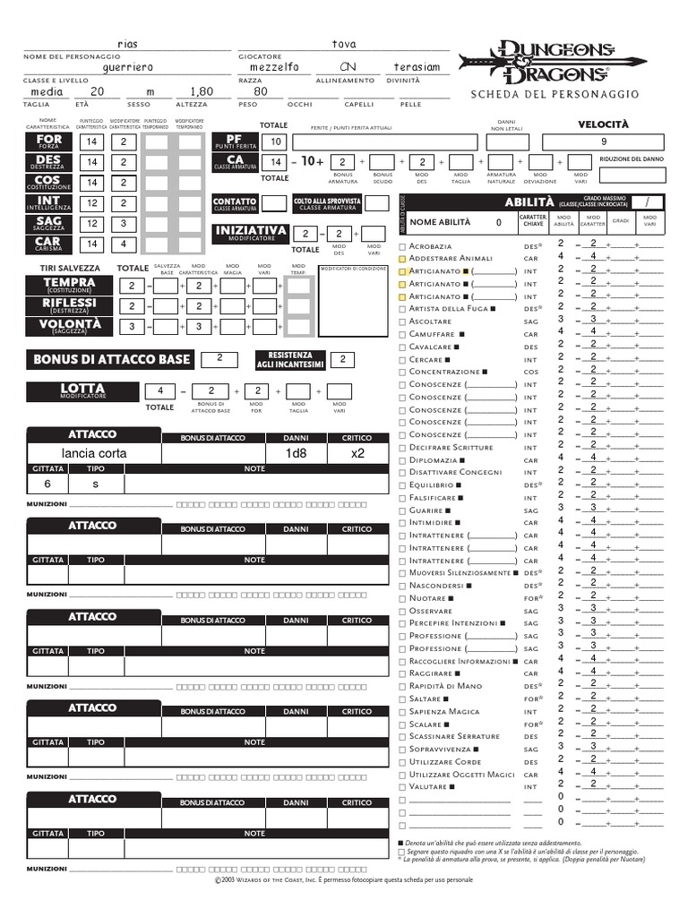Scheda Personaggio DD 3.5 Editabile | PDF