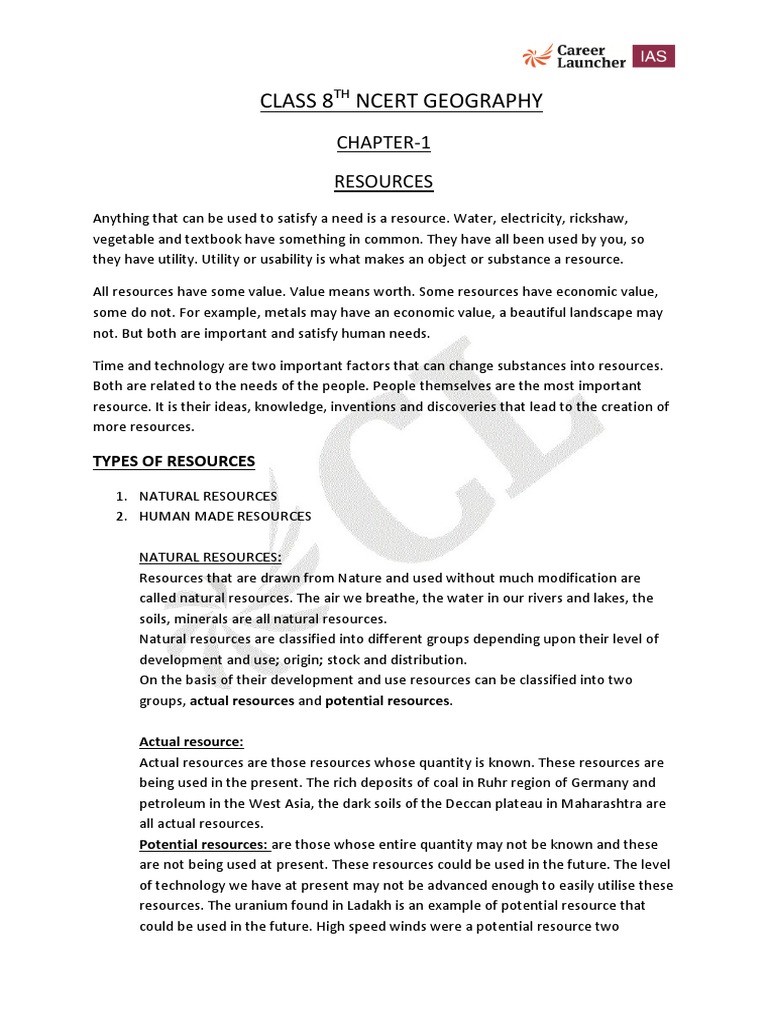 Class 8 Ncert Geography: Chapter-1 Resources | PDF | Agriculture | Resource