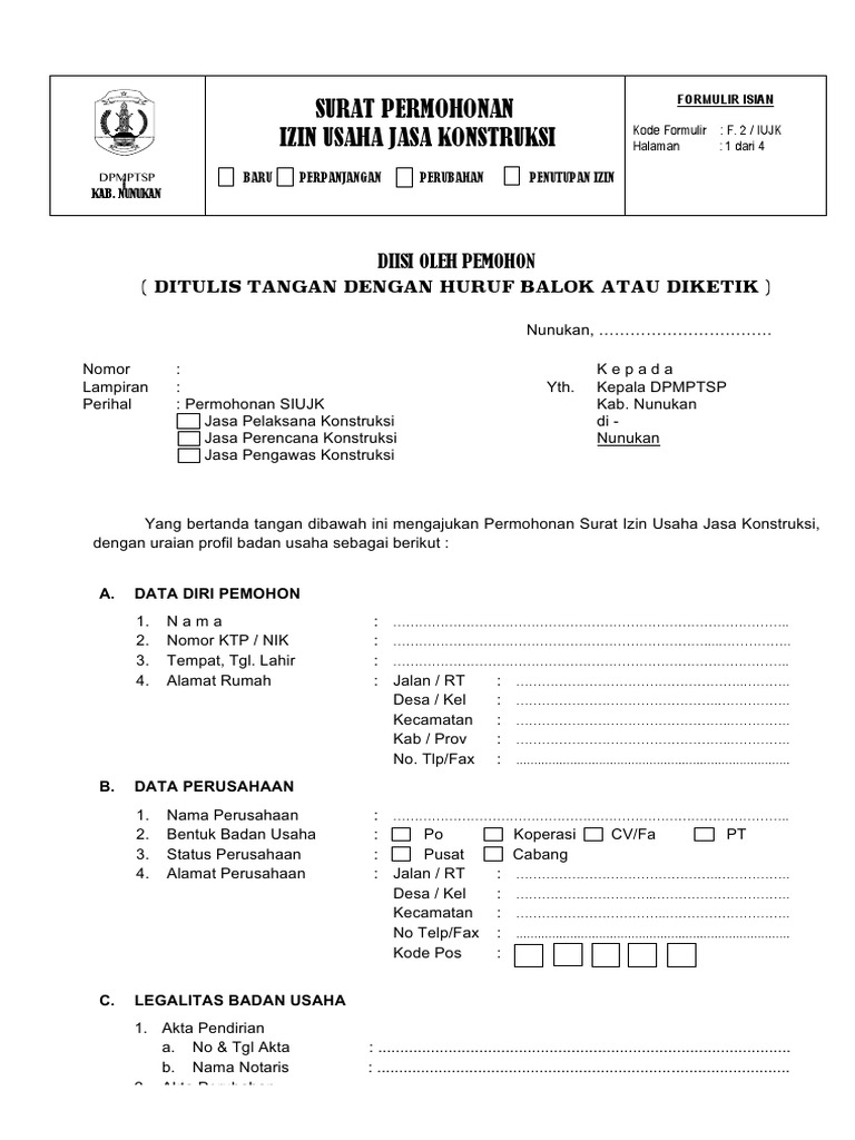 Formulir Permohonan Izin Usaha Konstruksi | PDF