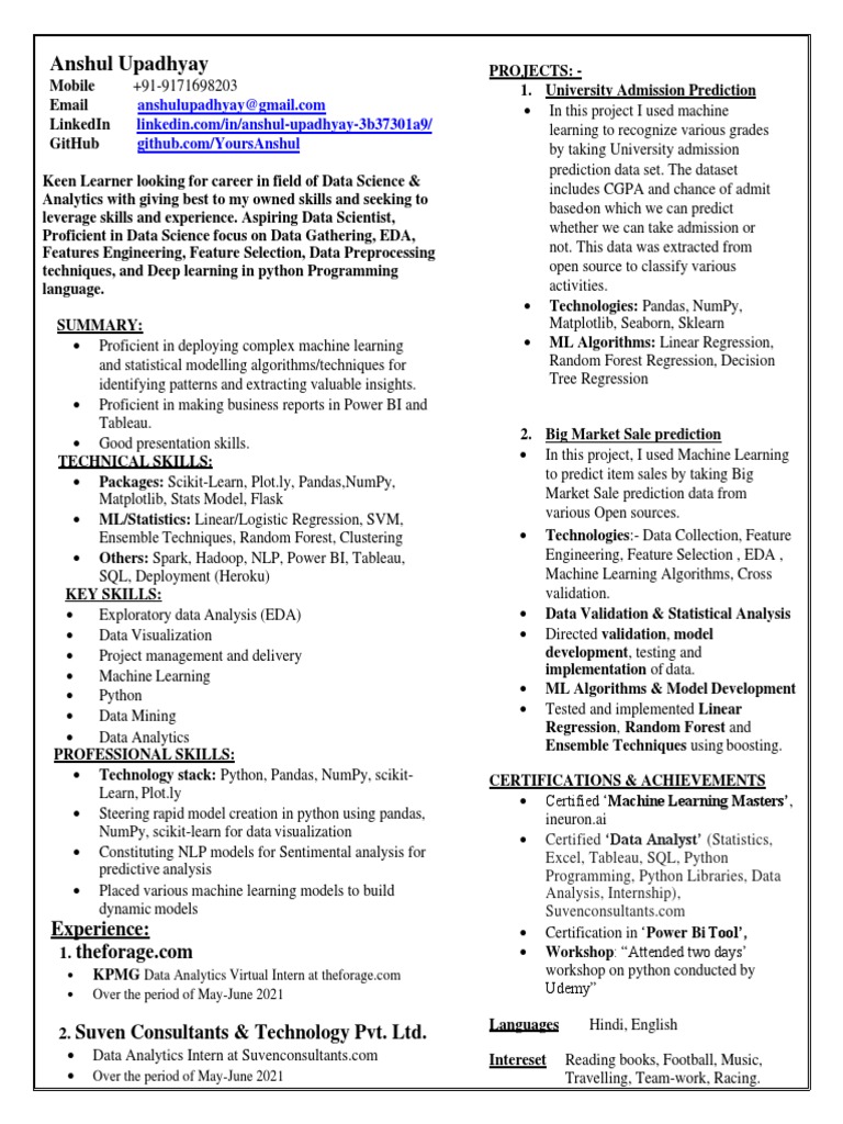 Anshul's Resume | PDF | Machine Learning | Data Analysis