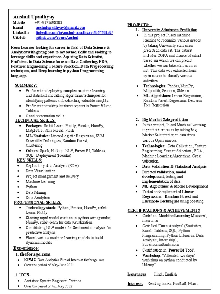 Anshul Upadhyay: Experience | PDF | Machine Learning | Data Analysis