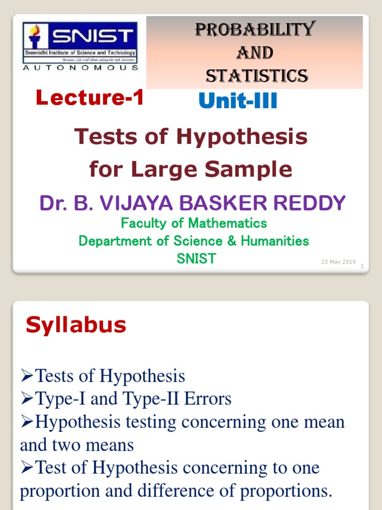 Lecture 1 Tests Of Hypothesis For Large Sample Pdf Statistical Significance Type I And