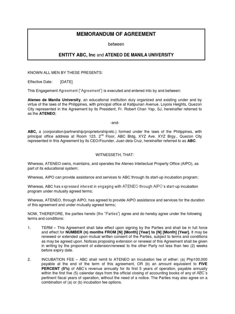 Memorandum of Agreement: Entity Abc, Inc | PDF | Fee | Private Law