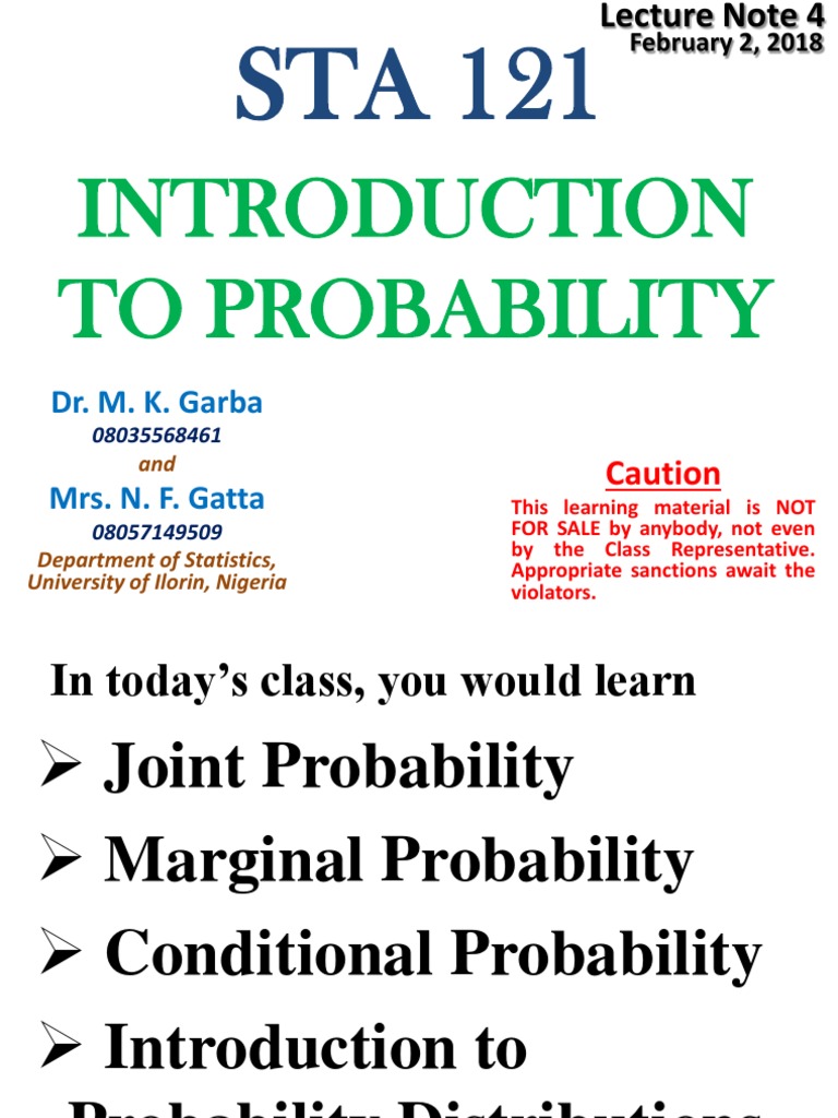 STA 121 Lecture Note 4 02 - 02 - 2018 | PDF | Probability Distribution | Random Variable
