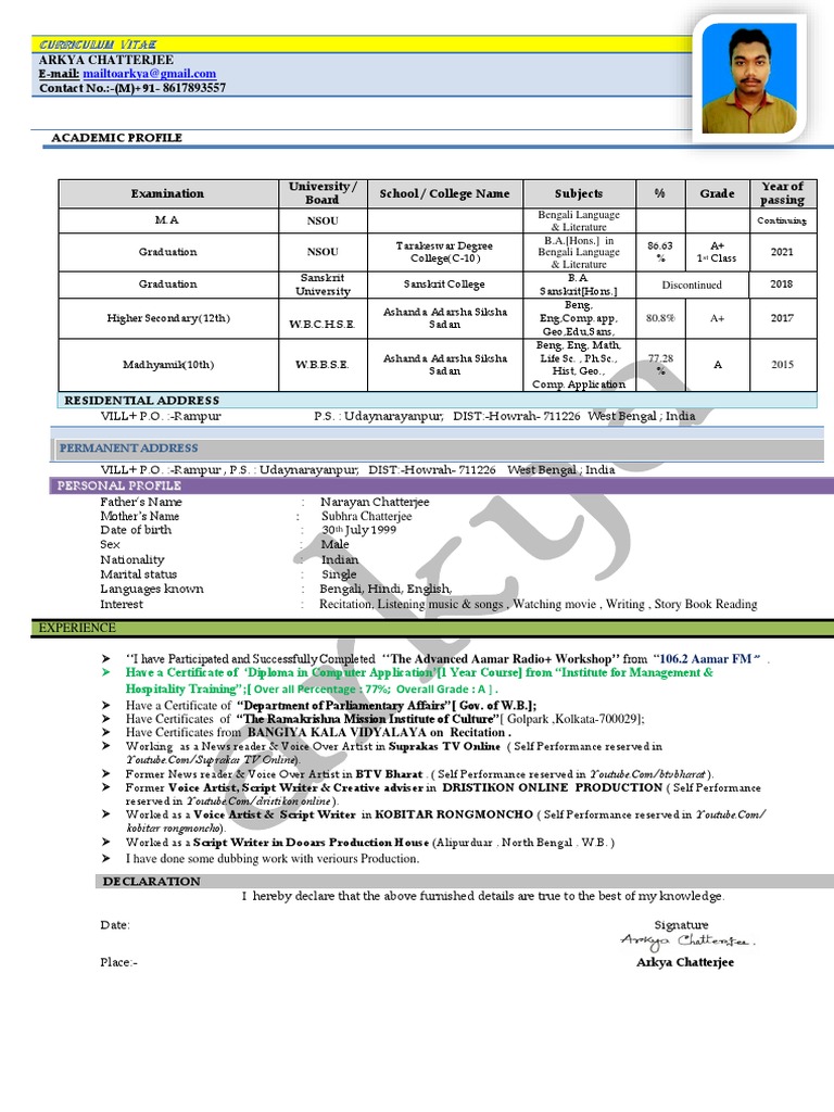 CURRICULUM VITAE @arkya Chatterjee-8617893557-Mailtoarkya@ | PDF | Vocational Education ...