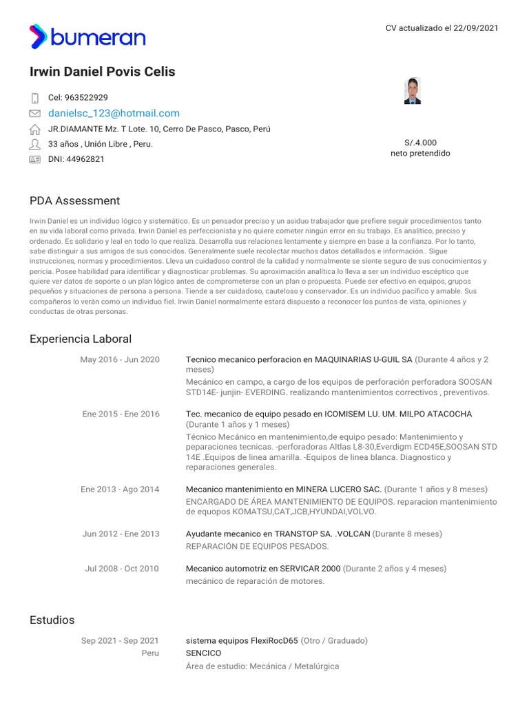 CV Irwin Daniel Povis Celis MECANICO | PDF