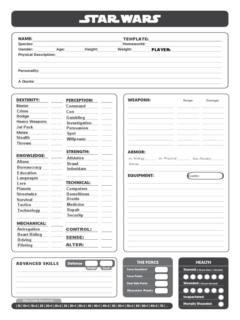 Star Wars D6 Character Sheet Template | PDF | Ships | Fire Control System