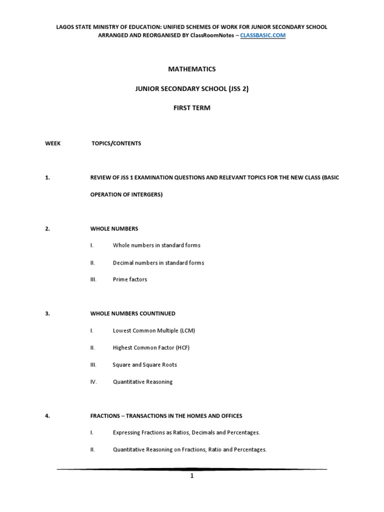 Mathematics Scheme of Work For Junior Secondary School JSS 2 | PDF ...