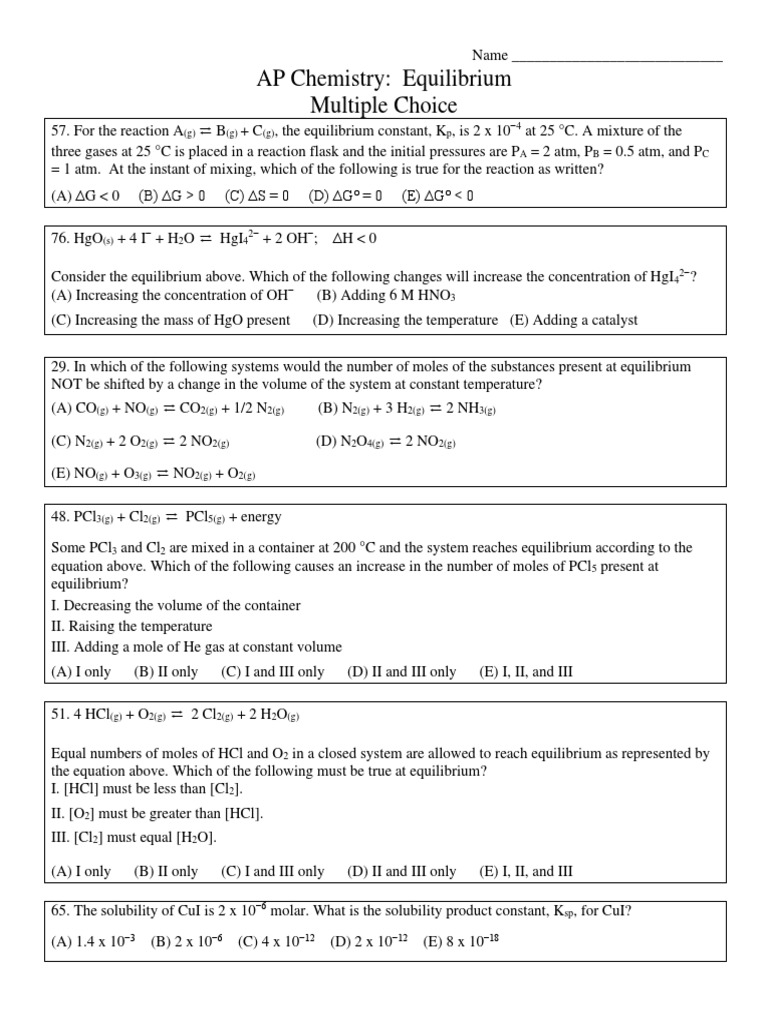 AP Chemistry: Equilibrium Multiple Choice: (G) (G) (G) P 4 | PDF ...