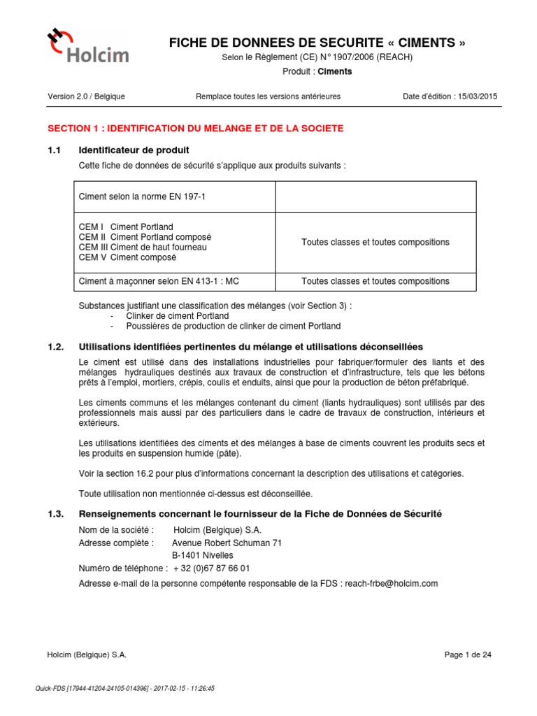 Fiche de Sécurité Ciments Holcim Belgique | PDF | Ciment | Brûlure