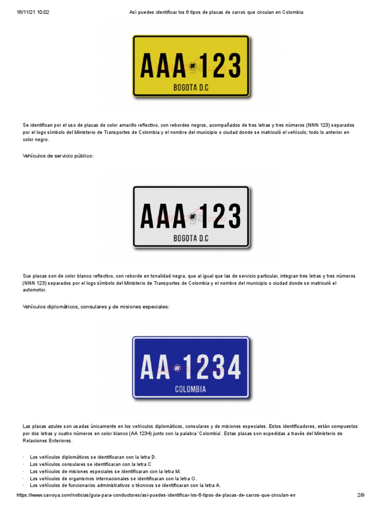 Tipos de Placas de Carros en Colombia | PDF | Transporte | Vehículos