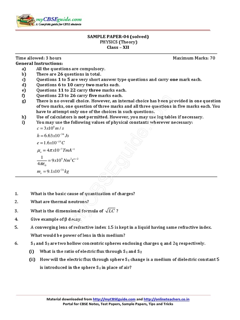 Physics Sample Paper 2 | PDF | Diffraction | Optics