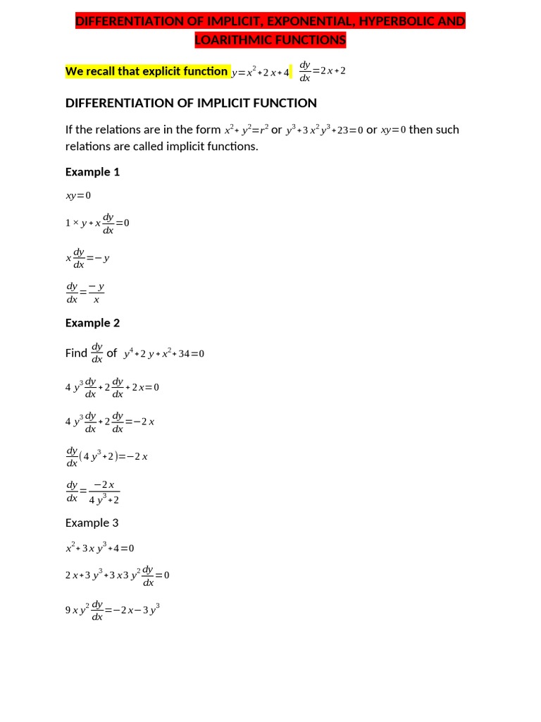 Differentiatio of Implicit, Exponential, Hyperbolics and Loarithmic ...