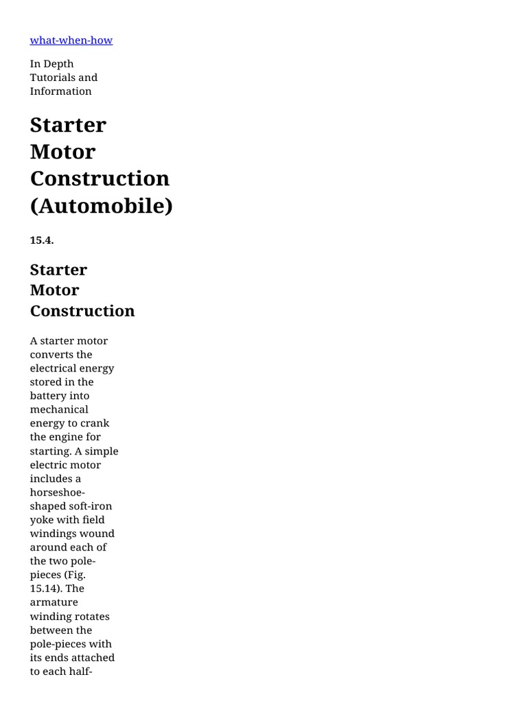 Starter Motor Construction (Automobile) | PDF | Electric Motor | Machines