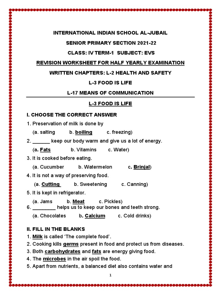 Class 4 Half Yearly Revision Written Chapters Worksheet | PDF | Foods ...