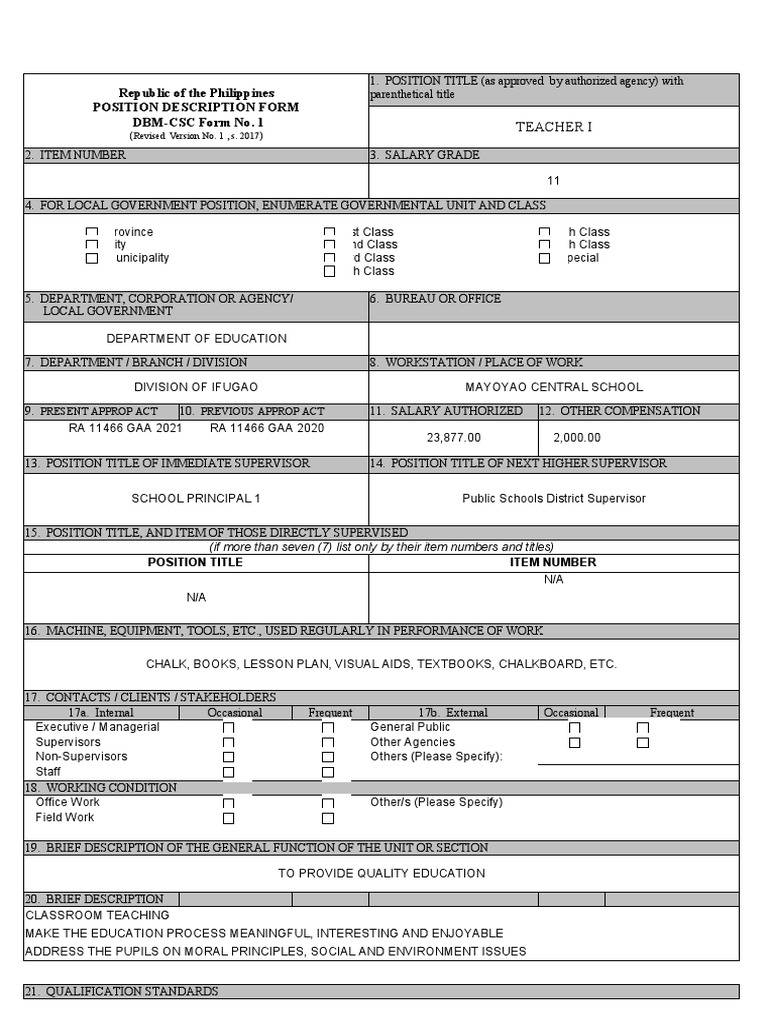 Republic of The Philippines Position Description Form DBM-CSC Form No ...
