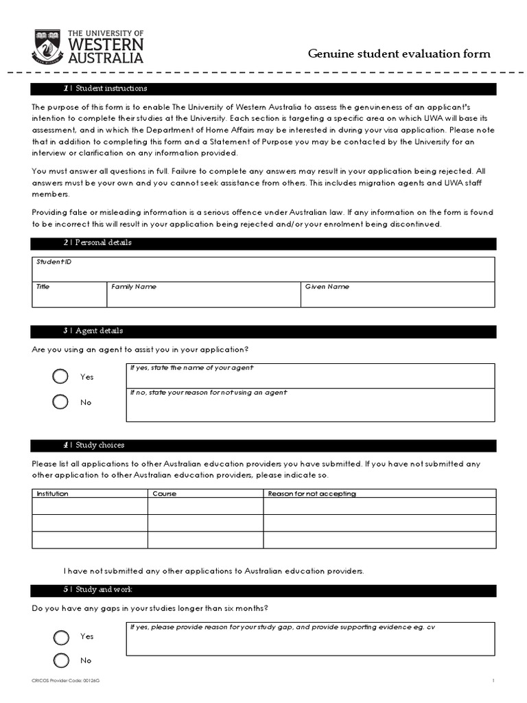 UWA Genuine Student Evaluation Form 4.0 | PDF | Travel Visa | Australia