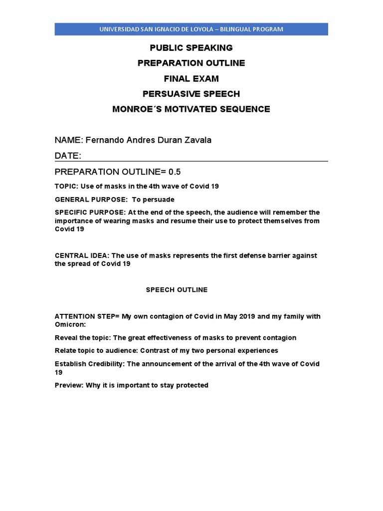 TEMPLATE PUBLIC SPEAKING OUTLINE FINAL EXAM - Fernando Duran | PDF ...