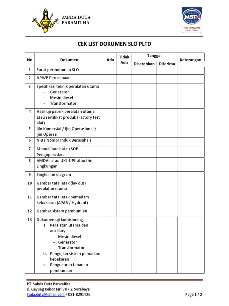 Cek List Dokumen SLO PLTD | PDF