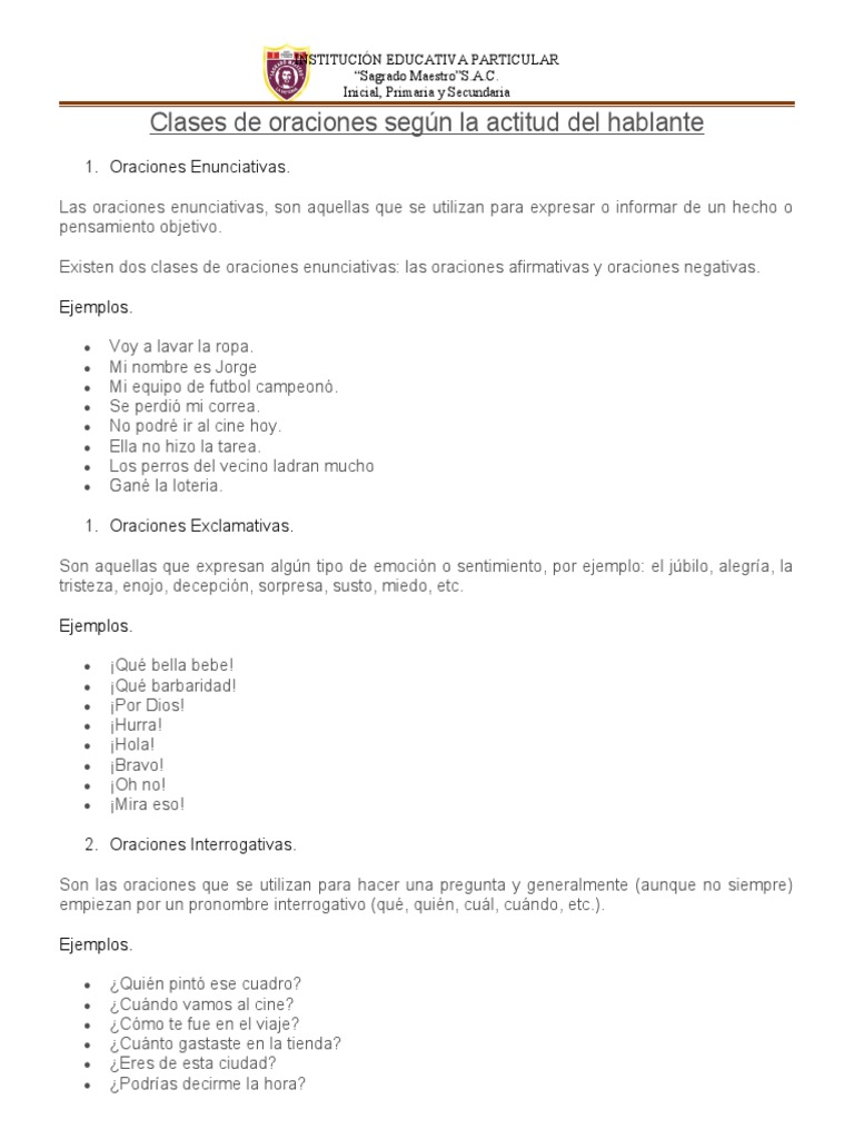 Clases de Oraciones Según La Actitud Del Hablante. 17 JULIO | Descargar ...