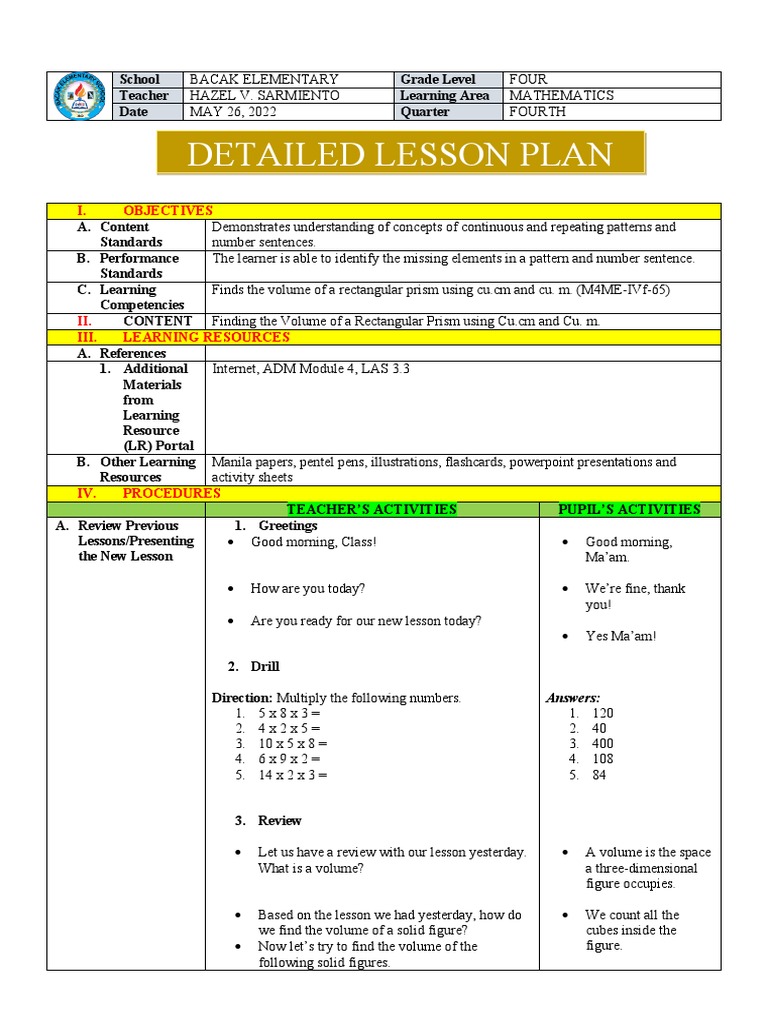 Detailed Lesson Plan: I. Objectives | PDF | Volume | Rectangle