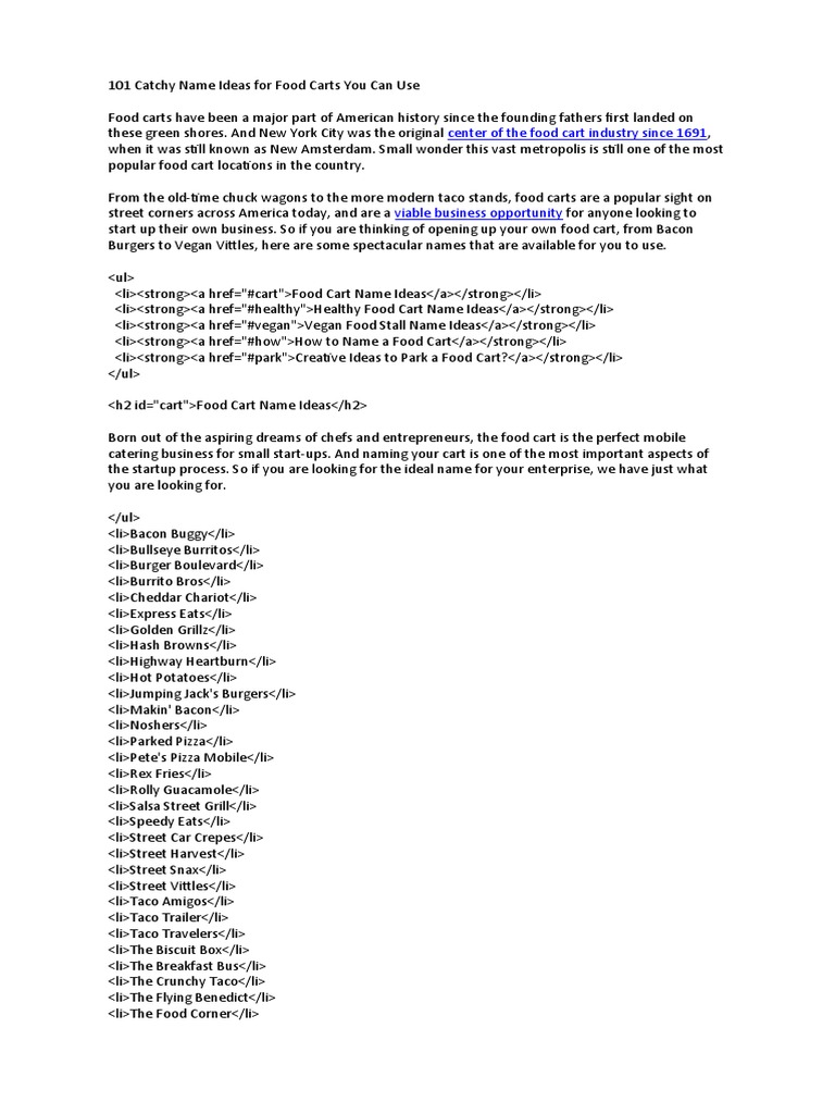 101 Catchy Name Ideas For Food Carts You Can Use | PDF | Foods | Burrito