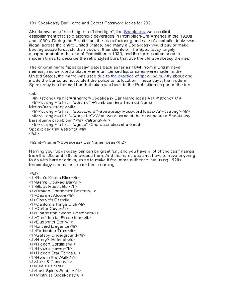 101 Speakeasy Bar Name and Secret Password Ideas For 2021 | PDF ...