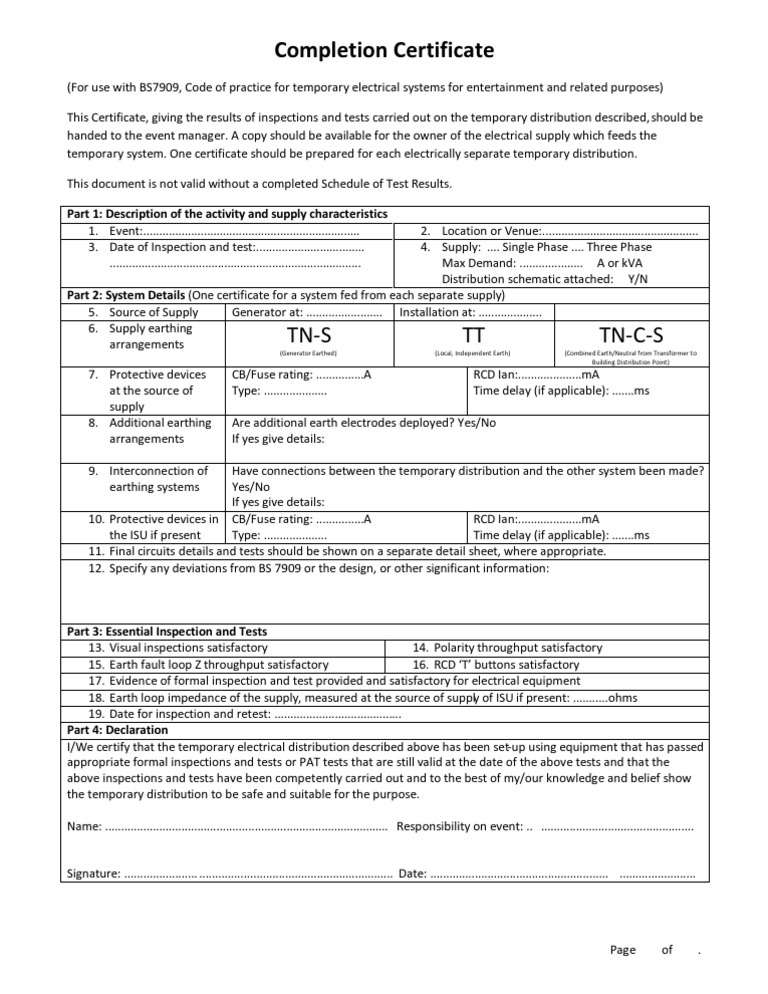 BS7909 Completion Certificate | PDF | Electrical Engineering | Electricity