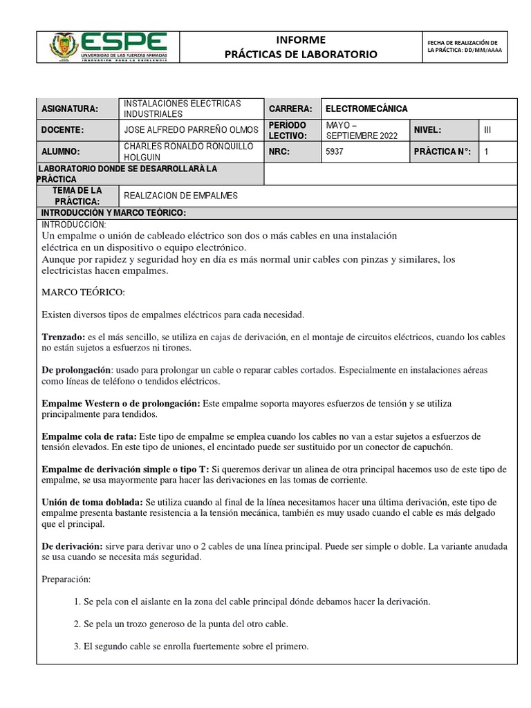 Tipos de Empalmes Eléctricos en Práctica | PDF | Electromagnetismo ...